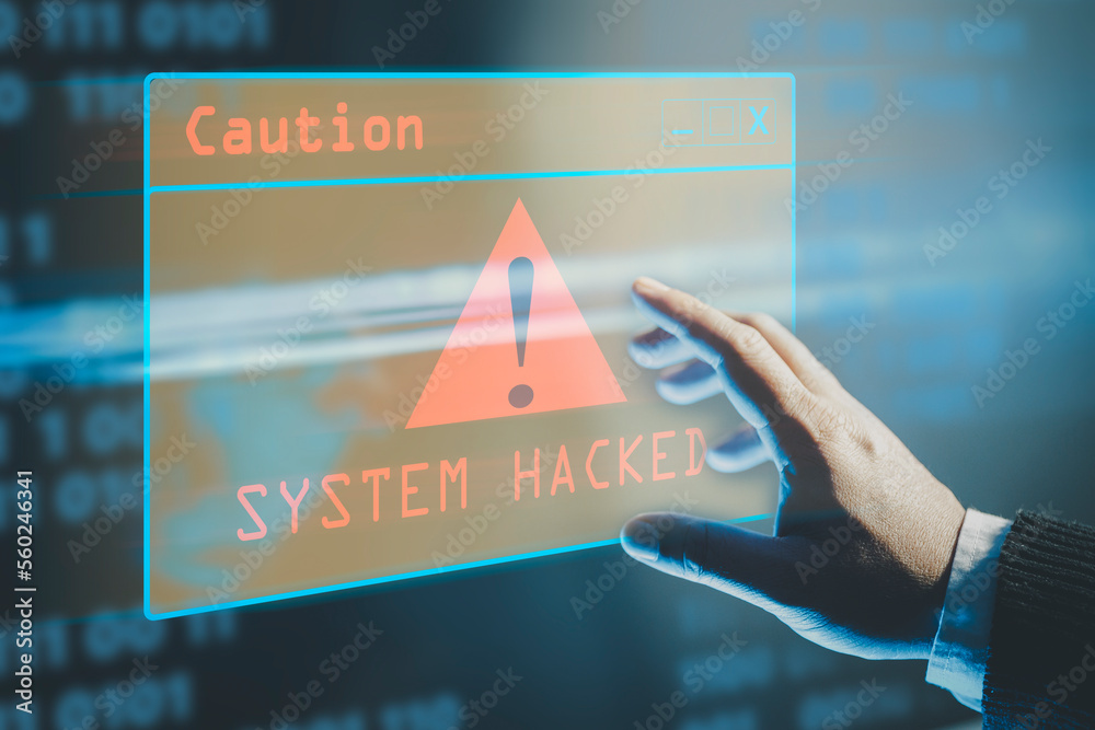 System hacked alert after cyber attack on computer network. compromised information concept ...