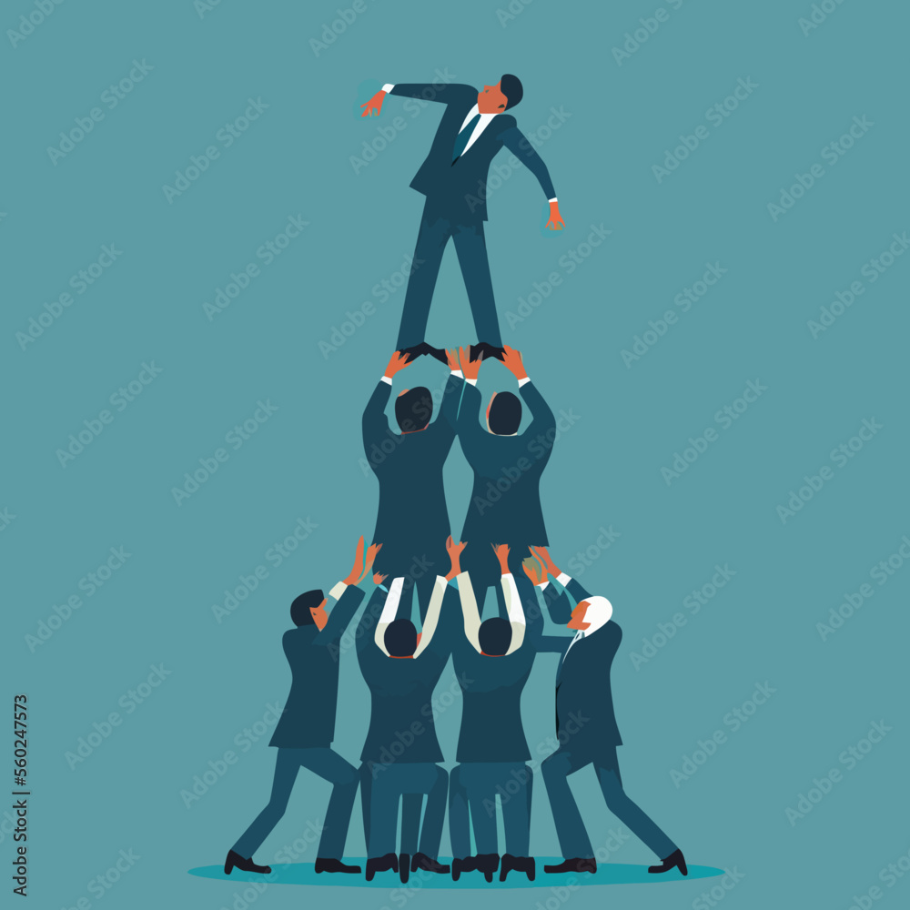 A businessman dominating a pyramid of his colleagues, representing the ...