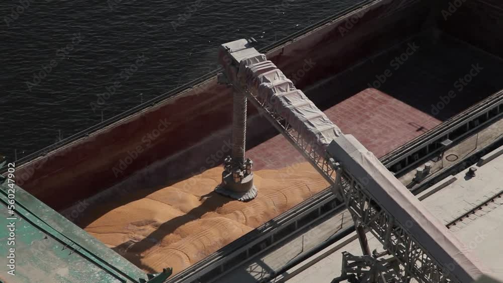 Loading grain on the bulk ship cargo container at a marine grain ...