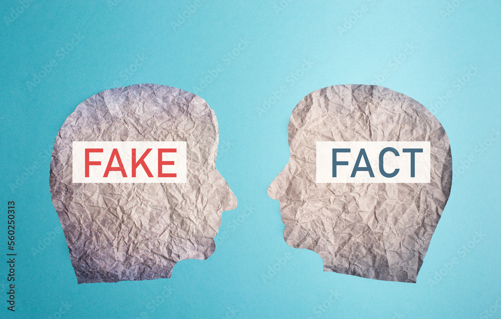 Fake or fact on a head, false and truth information, propaganda and ...