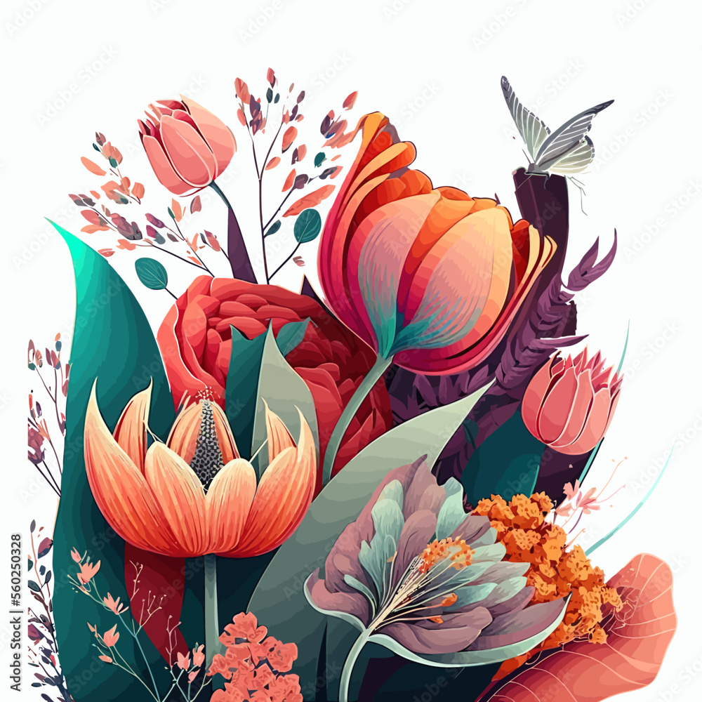 Colorful spring season on warm tone background. Hand-drawn illustration ...