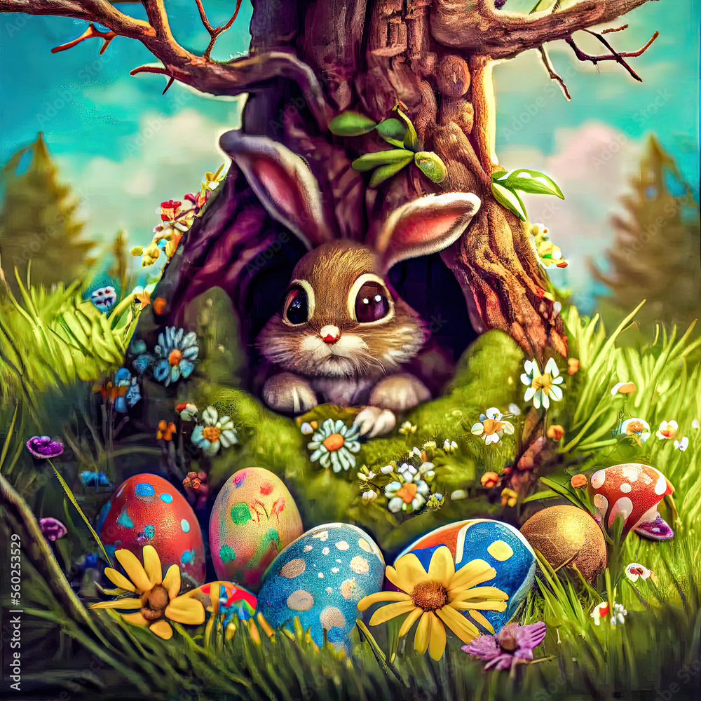 Osterhase Hase Ostern Osternest bunte Eier gefärbte Eier Symbol Kultur ...