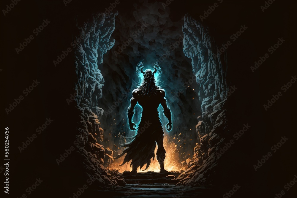 The Greek mystical god Hades stands in full growth in a cave. King of ...