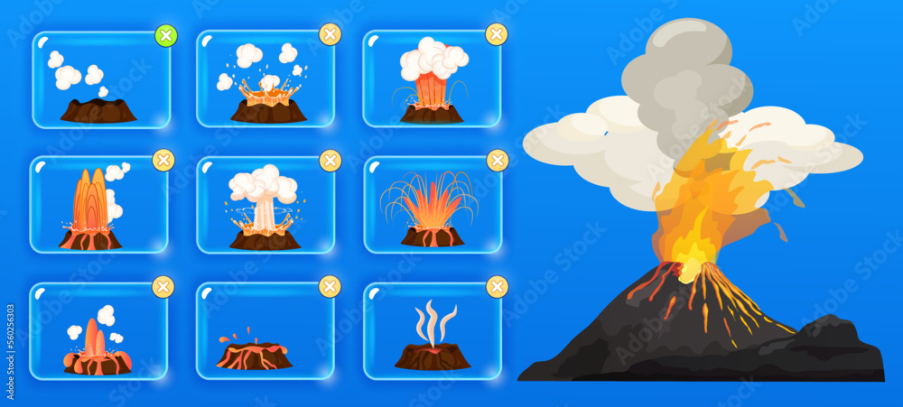 Volcanic eruption stages set. Steaming volcano, hot burning magma ...