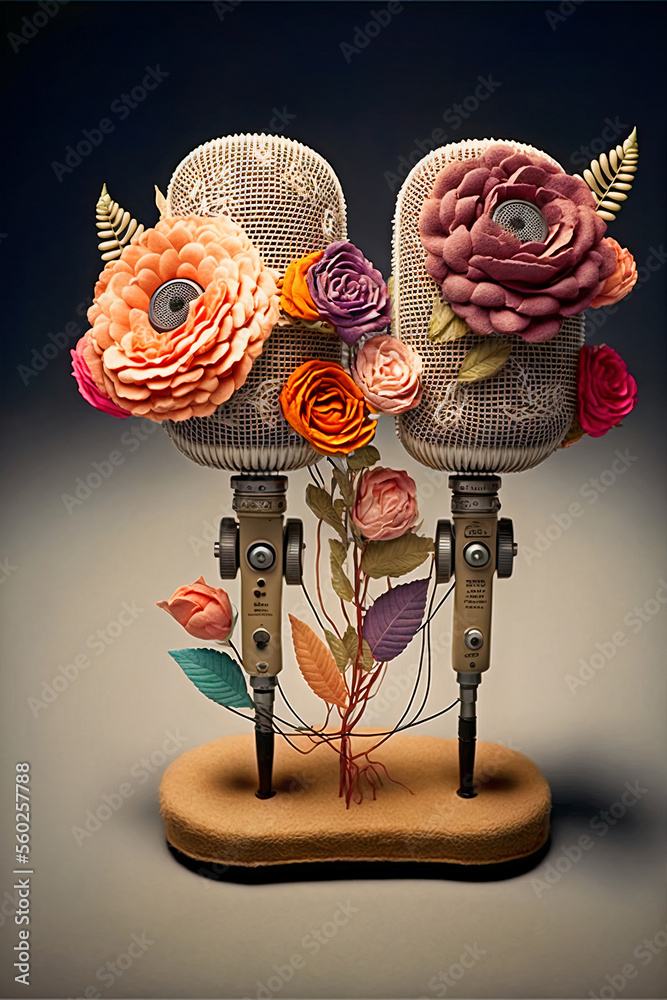 Concepto de música y radio. Micrófono retro decorado con flores de ...