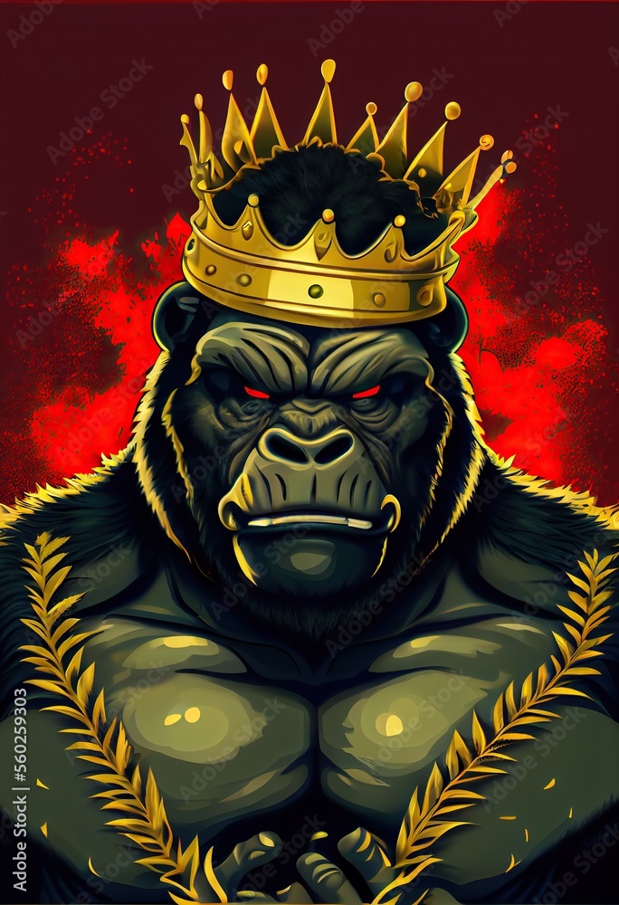 Gorilla king with red eyes and a golden crown on his head, cartoon ...