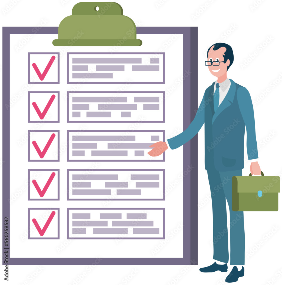 Male office worker check checklist mark completion of tasks and plans ...
