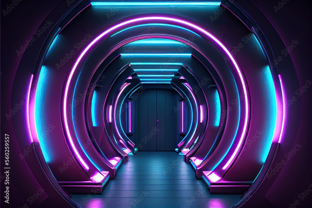 Sci-fi corridor in alien spaceship OR neon futuristic rave club hallway ...