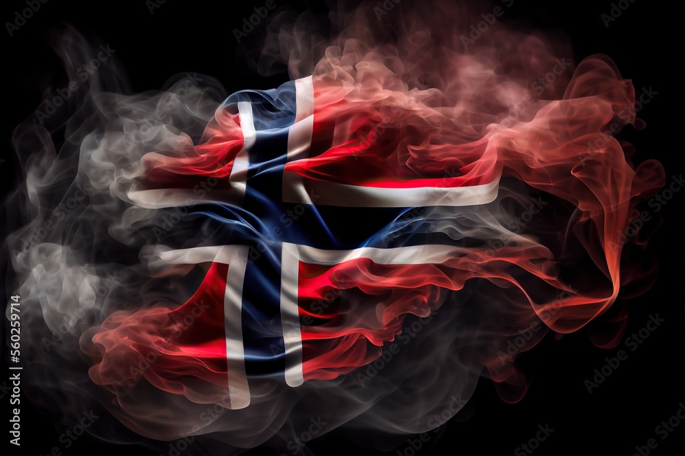 National flag of Norway in the form of red, white and blue color smoke ...