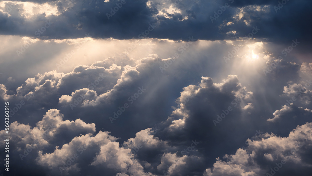 An aerial shot above beautiful cloudscape with sun rays coming through ...