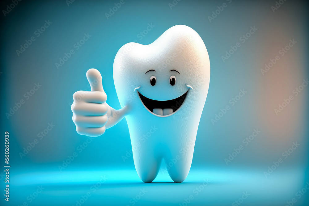 Zufriedener Zahn zeigt seine Zustimmung mit Daumen hoch isoliert auf ...
