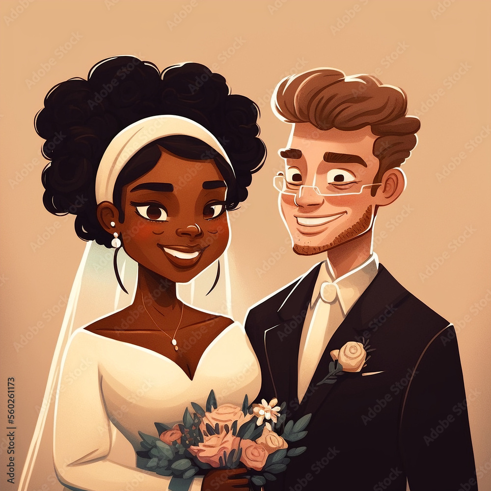 White man and black woman getting married, Bride and groom at wedding ...