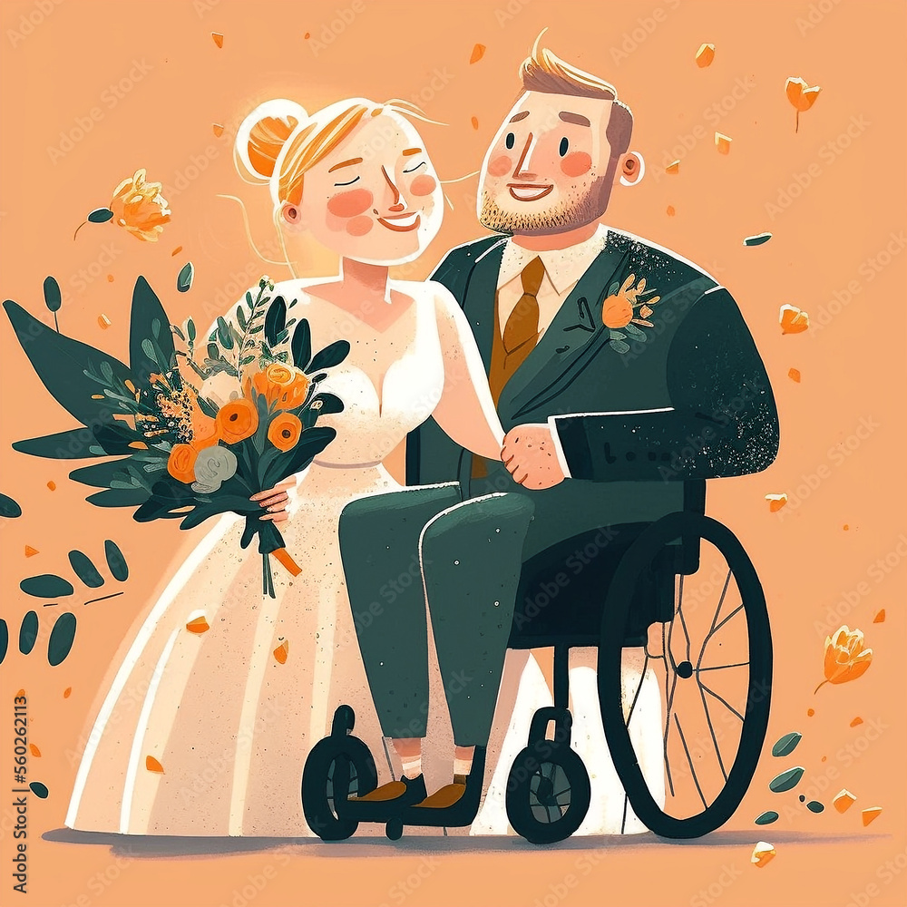 Disabled bride and groom couple getting married in a wheelchair ...