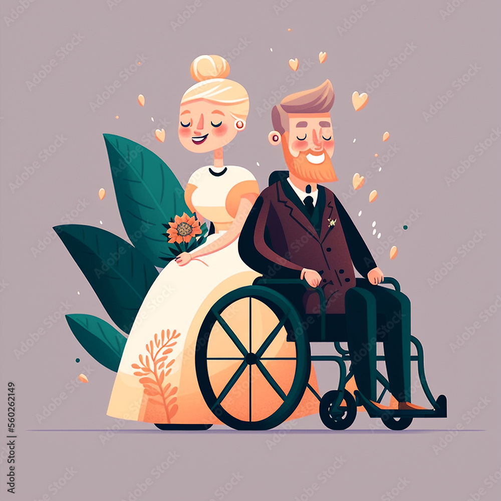 Disabled bride and groom couple getting married in a wheelchair ...