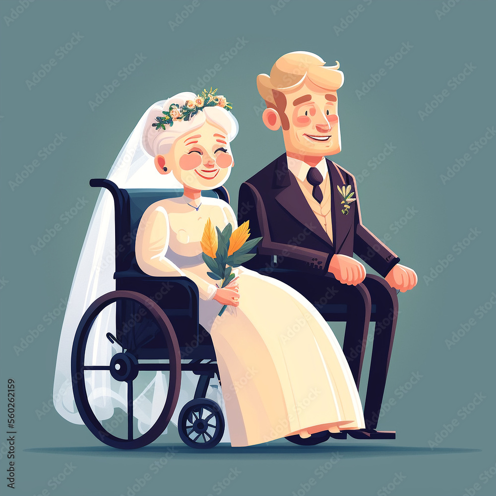 Disabled bride and groom couple getting married in a wheelchair ...