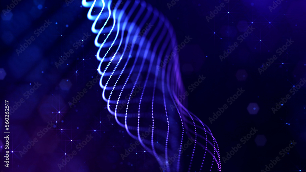 3d render. Abstract sci-fi bg with glow particles form curved lines ...