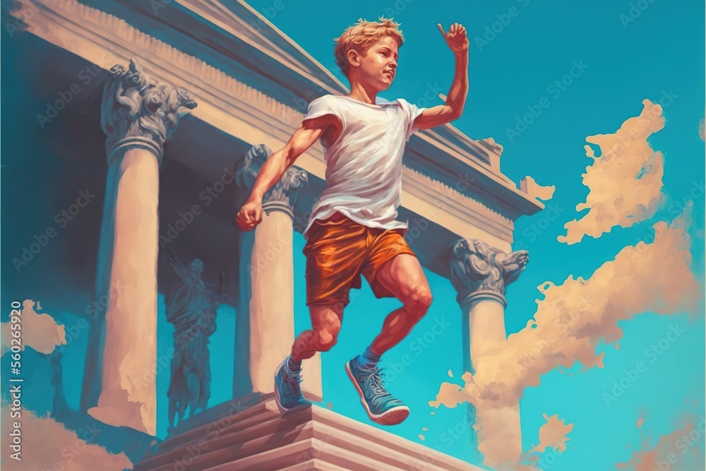 Man running on steps. Adventure boy running on steps to the giant ...