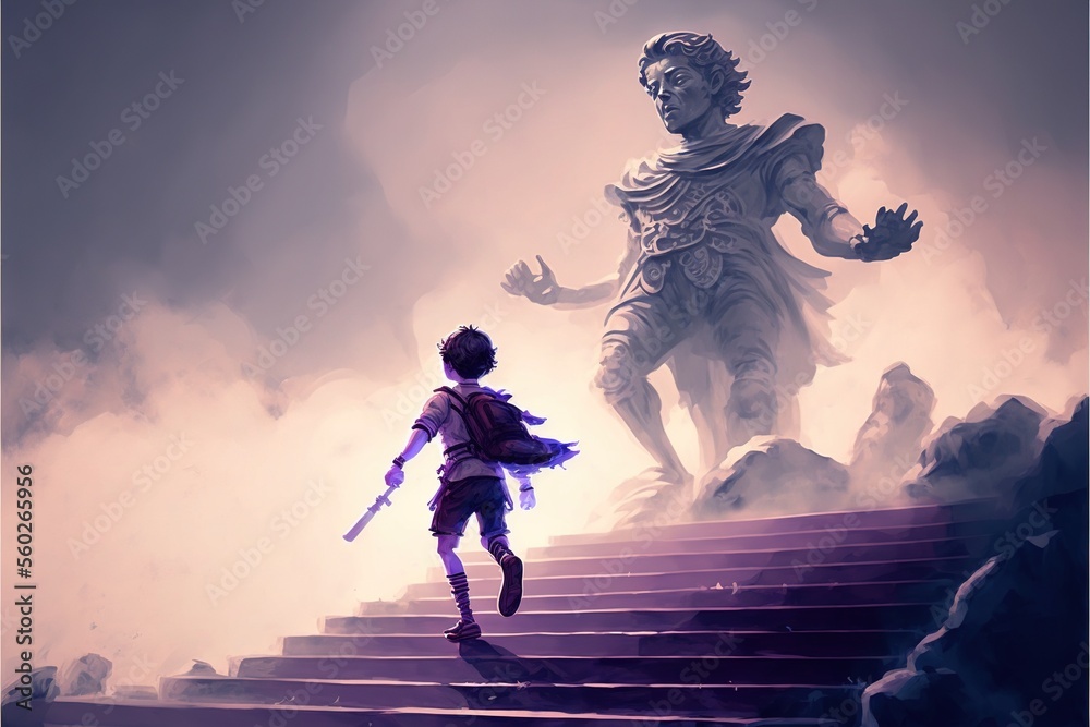 Man running on steps. Adventure boy running on steps to the giant ...