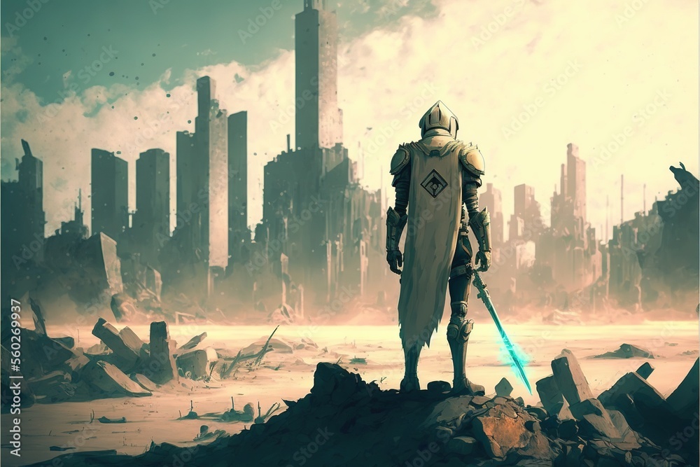 Knight with weapon. Knight with twin swords standing on the rubble of a ...