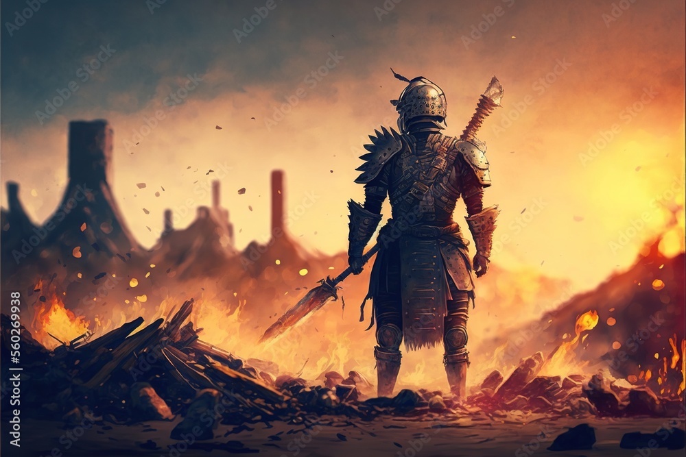 Knight with weapon. Knight with twin swords standing on the rubble of a ...