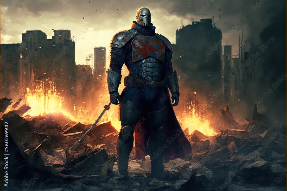 Knight with weapon. Knight with twin swords standing on the rubble of a ...