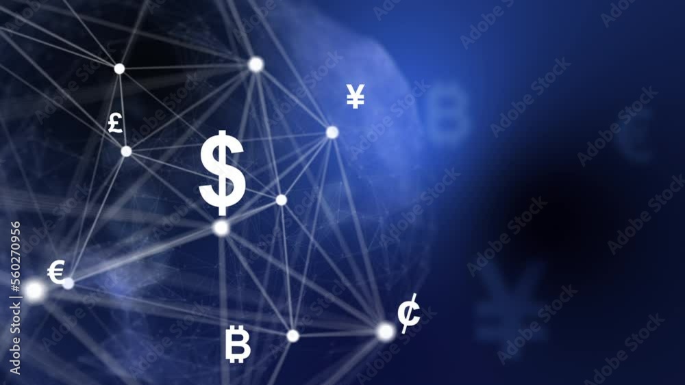 3D animation of money symbols of different countries on a blue ...