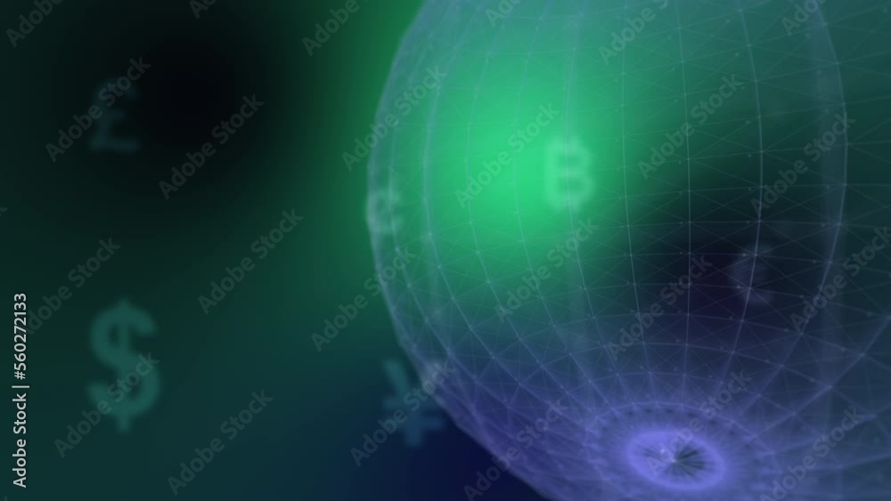 Blurred background with rotating globe and dollar, euro, bitcoin ...