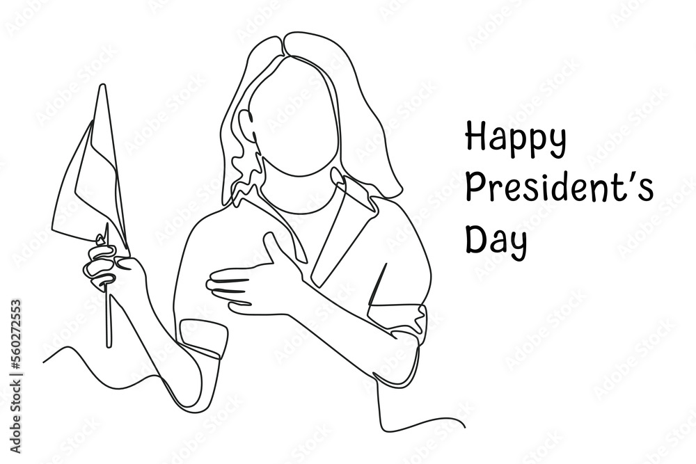 Single one line drawing cute little girl with national flags at the ...