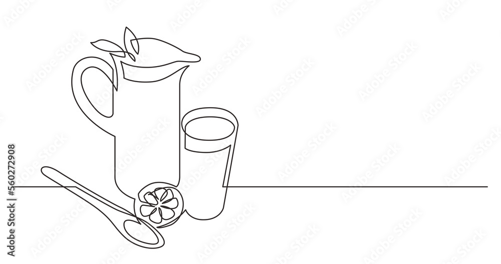 continuous line drawing of jar of ice tea glass and lemon - PNG image ...