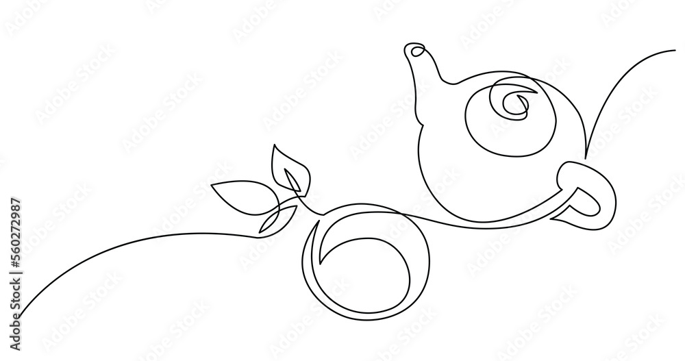 continuous line drawing of tea pot with tea leaves and cup - PNG image ...