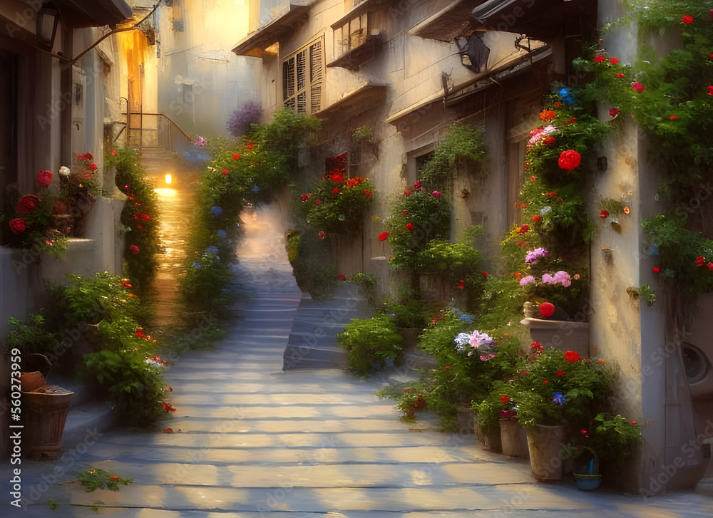 painting of a beautiful old street in a typical old-fashioned village ...