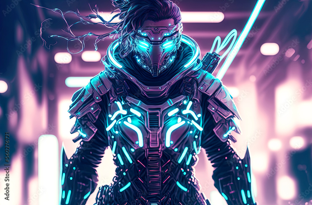 Armed samurai character in futuristic cyberpunk suit. Postproducted ...