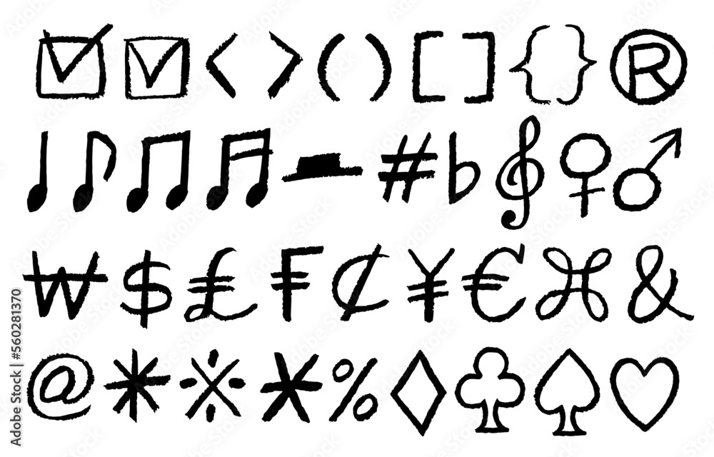 Music symbols and currency symbols, card game icons, various ...