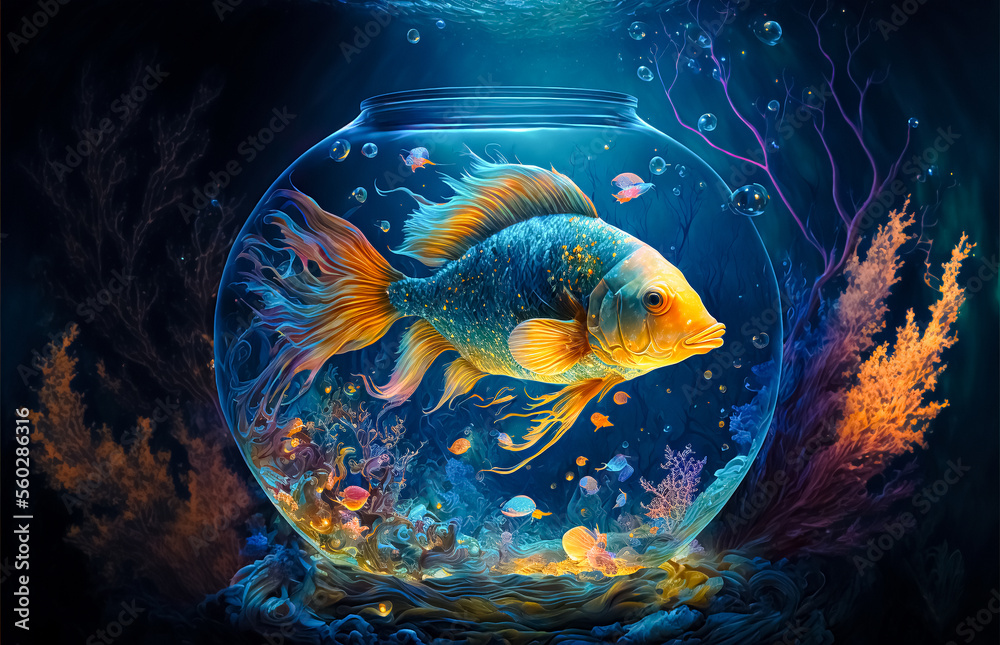Goldfish in an aquarium. Fantasy background with a beautiful glowing ...