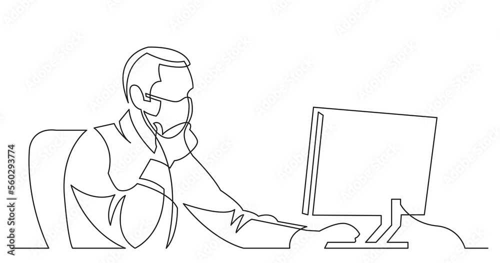 continuous line drawing businessman working behind computer wearing ...