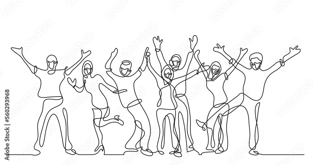 continuous line drawing happy cheerful crowd of people wearing face ...