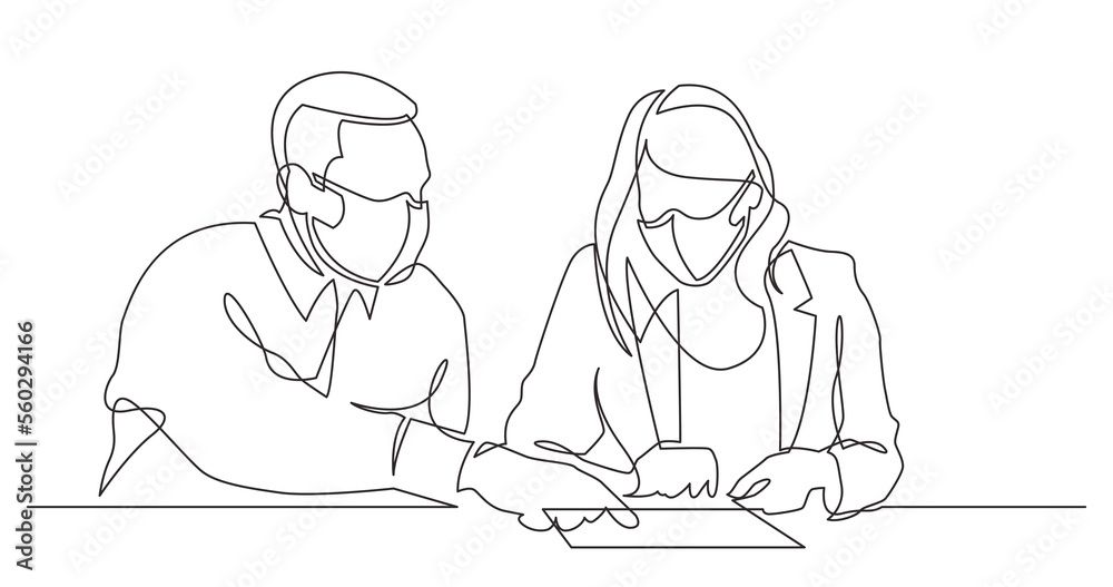 continuous line drawing man nstructing woman on work place wearing face ...