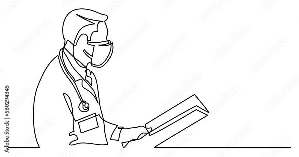 continuous line drawing of doctor in protective mask reading papers ...