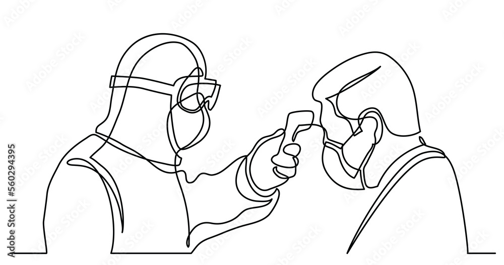 continuous line drawing of first responder in protective suit measuring ...
