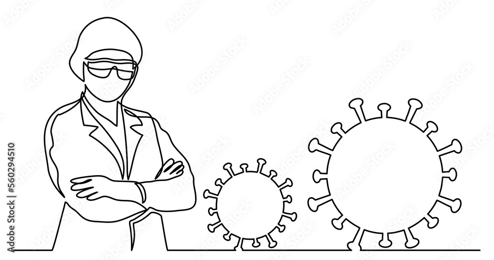 continuous line drawing of standing doctor in mask and protective ...