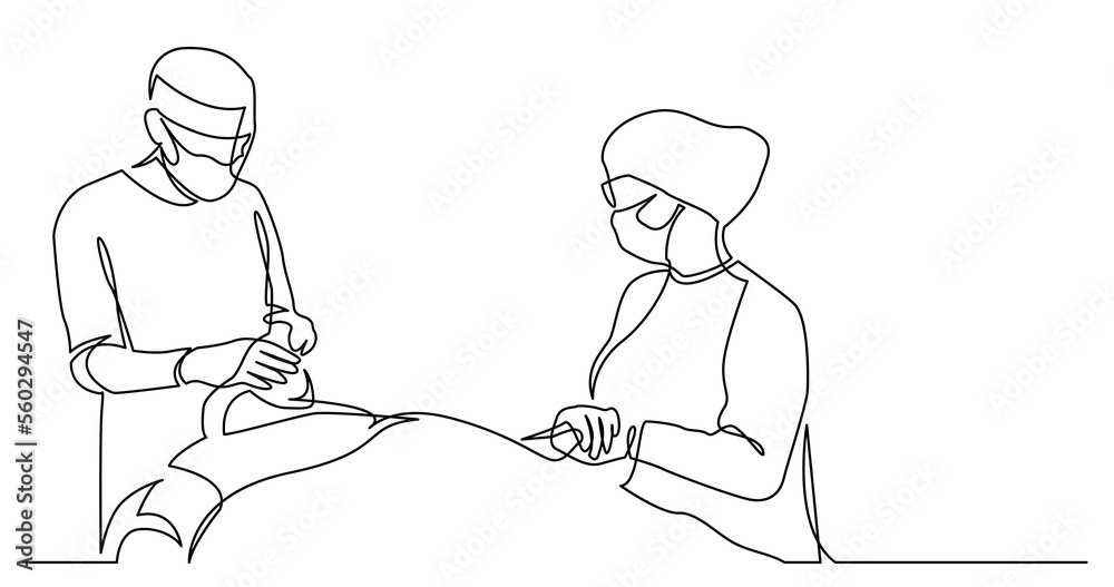 continuous line drawing of two doctors in masks putting ventilator on ...