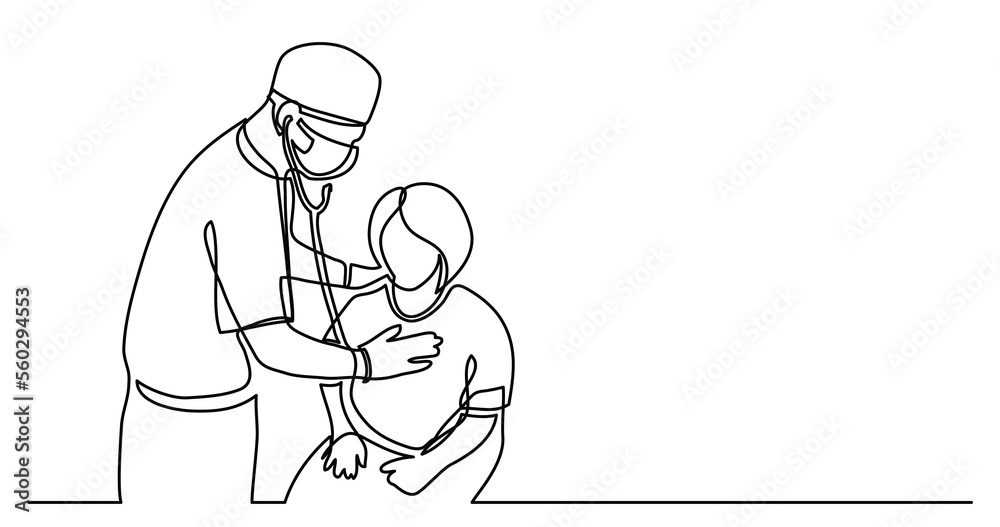 continuous line drawing of woman doctor in protective mask checking ...