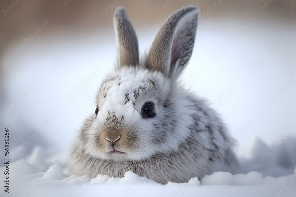 Cute white rabbit in the snow. Photorealistic illustration. AI ...