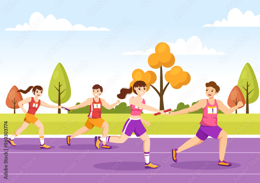 Relay Race Illustration by Passing the Baton to Teammates Until ...