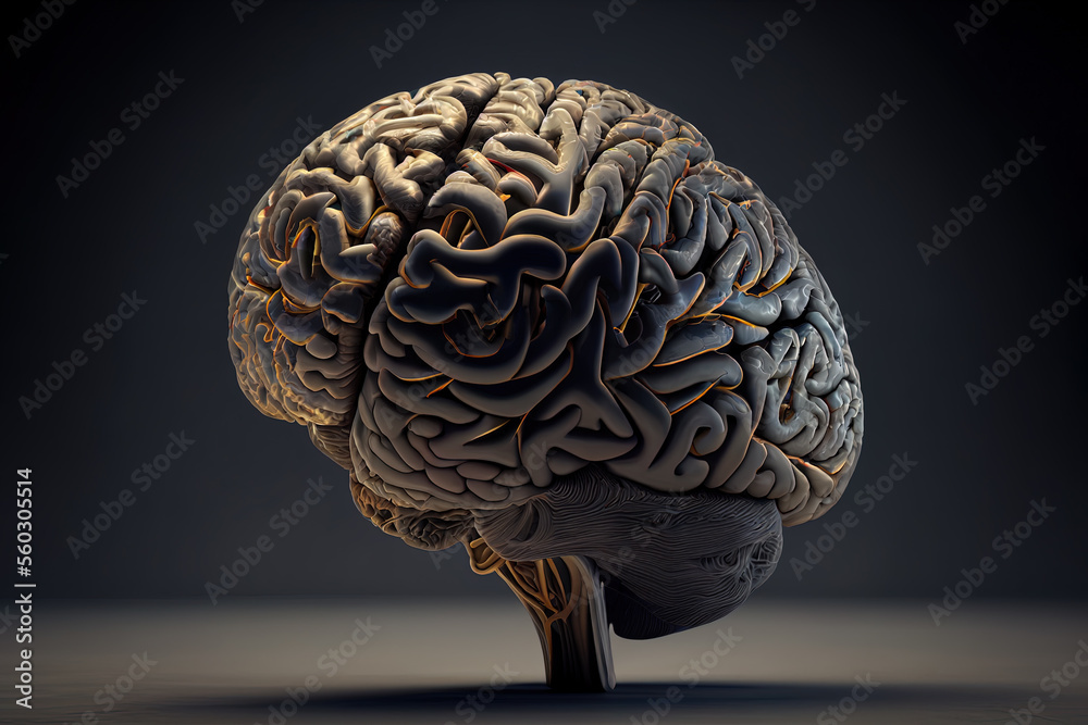 Anatomical illustration of the human brain on dark background ...