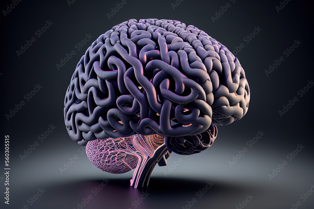 Anatomical illustration of the human brain on dark background ...