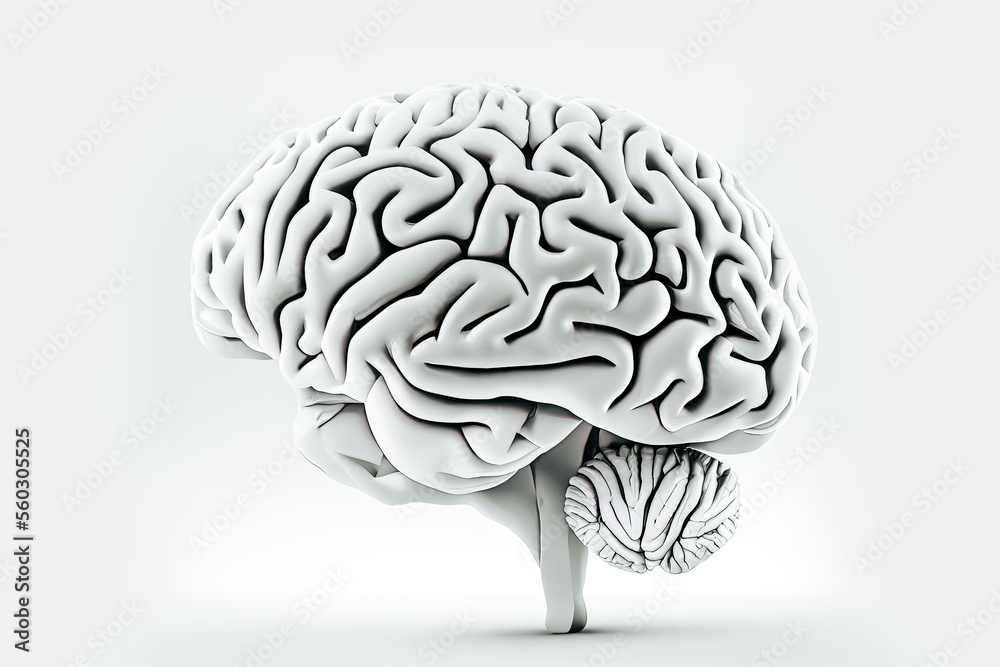 Anatomical illustration of the human brain in white on white background ...