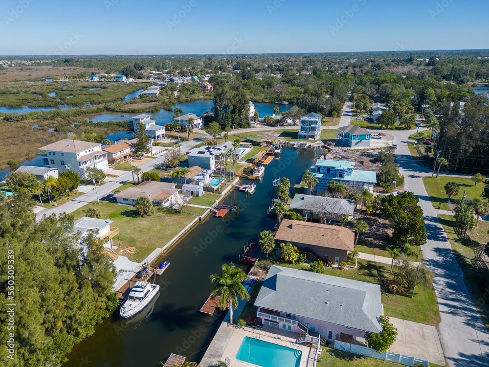 Tampa bay seaside neighborhood with buildings and houses on canal from ...