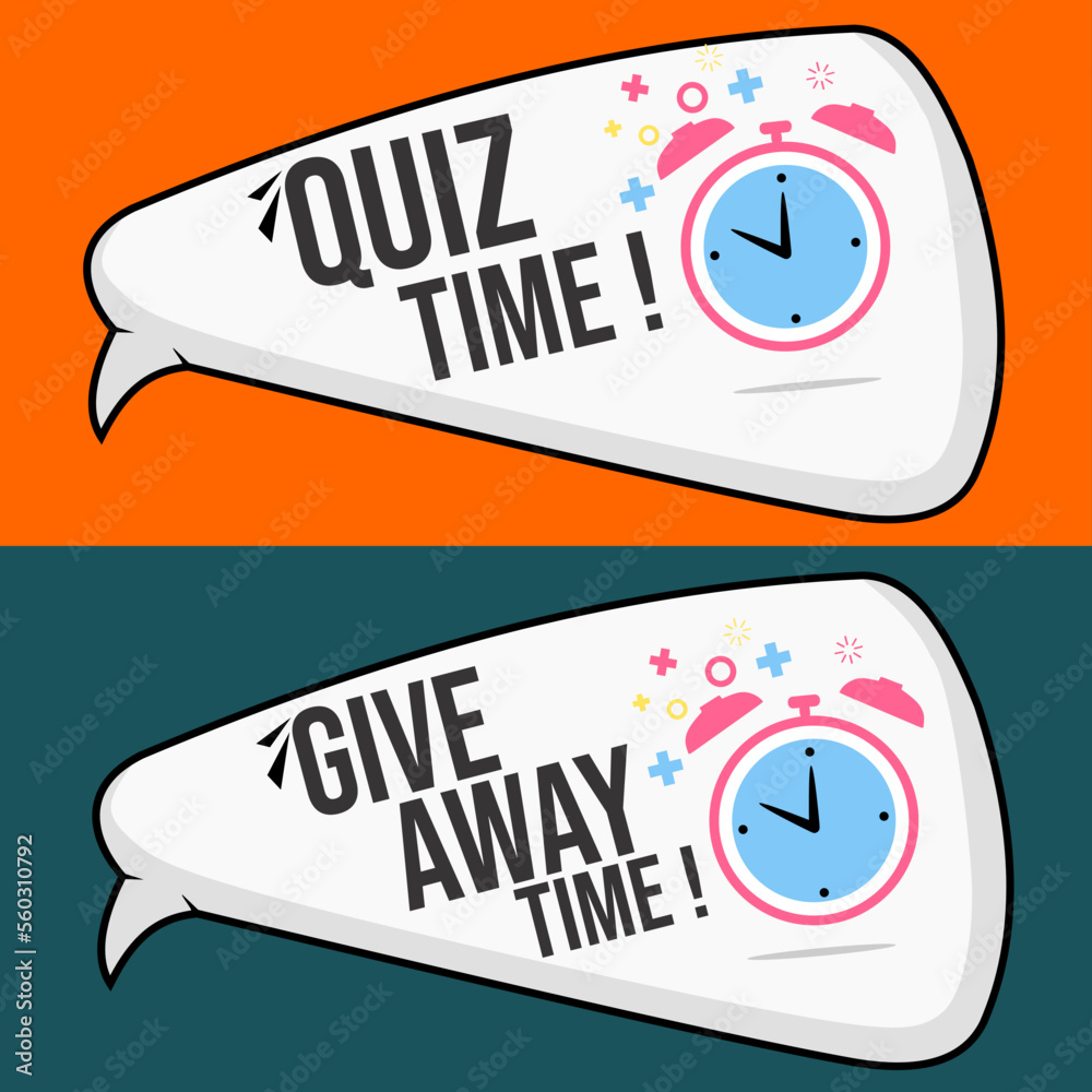 quiz time banner template with clock icon. comic style speech bubble ...