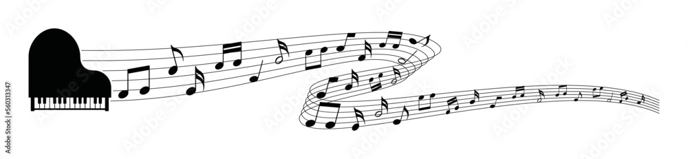 Musical note wave with piano music. Piano music notes melody on white ...
